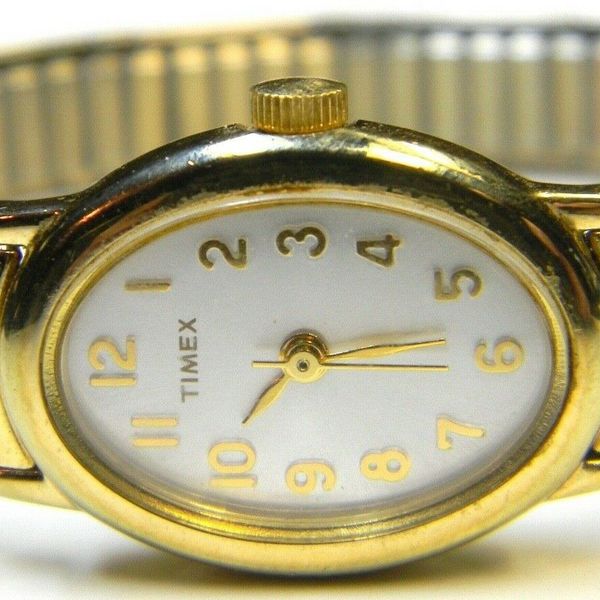 Vintage Ladies Timex Oval Face Gold Plated Stretch Band Watch Works New ...
