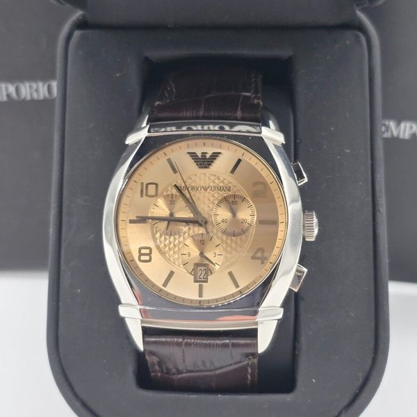 Emporio Armani AR0348 Chronograph Amber Dial Brown Leather Men's Watch ...