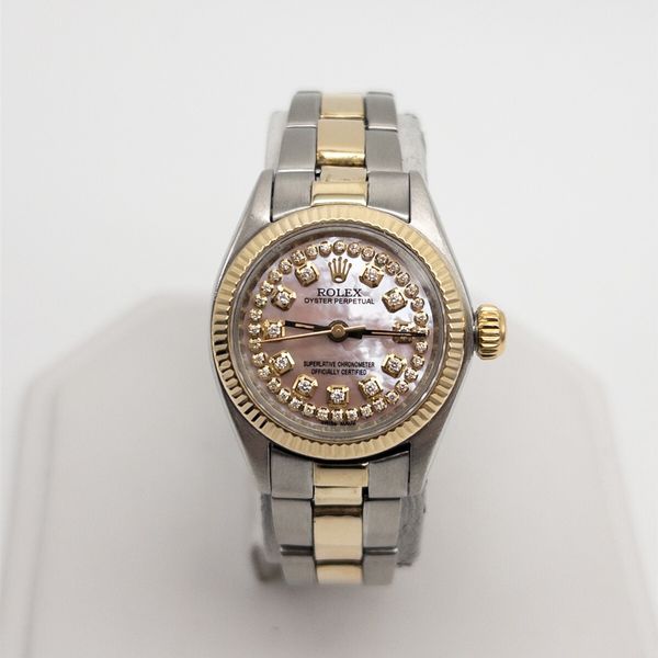 $9000 ROLEX Oyster Perpetual PINK MOP Diamond 18k Yellow Gold SS Ladies ...