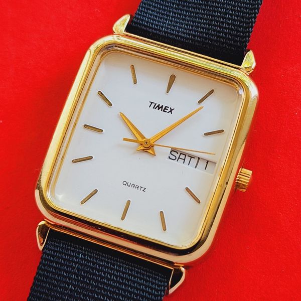 Timex White Dial Tank Watch Gold Coloured Case & RAF Band Mens A9 ...