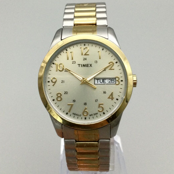 Timex Watch Men Indiglo Silver Gold Two Tone Day Date Stretch Band New Battery | WatchCharts ...
