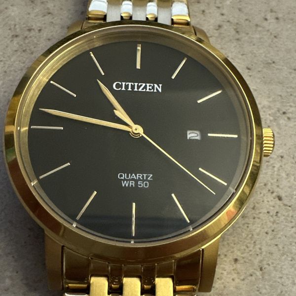 Citizen WR 50 Quartz Stainless Steel Watch Gold Plated Black Dial ...