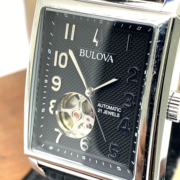 Bulova Men's Watch 96A269 Automatic Black Dial Leather Strap Rectangle ...
