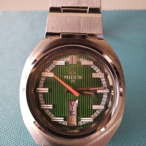 Milus Vintage Watch Automatic 1970s Day Date Green Dial Swiss Made 37mm ...