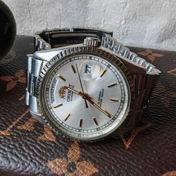 RARE Orient President Silver Dial Automatic day date 90s Mens Watch ...