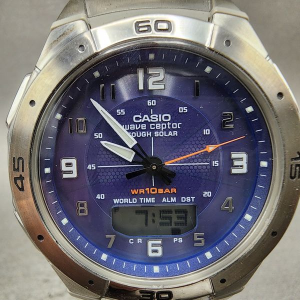 Casio Wave Ceptor Solar Watch Men 42mm Blue Dial Analog Digital Steel ...