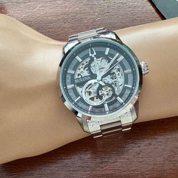 Mens Bulova Mens Classic Sutton Automatic Skeleton Silver Wristwatch ...