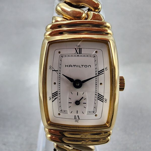 Hamilton Benton Tank Watch Women 19mm White Dial Gold Tone Rectangle ...