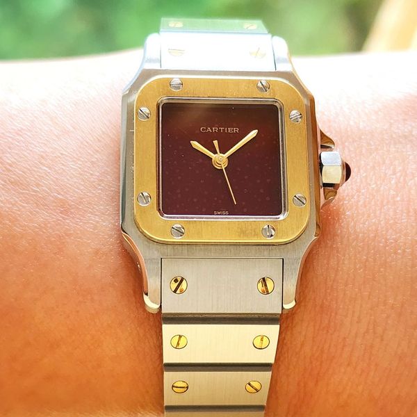 Cartier Santos Carree Burgundy Red Roman Dial 18K Gold & Steel Ladies ...
