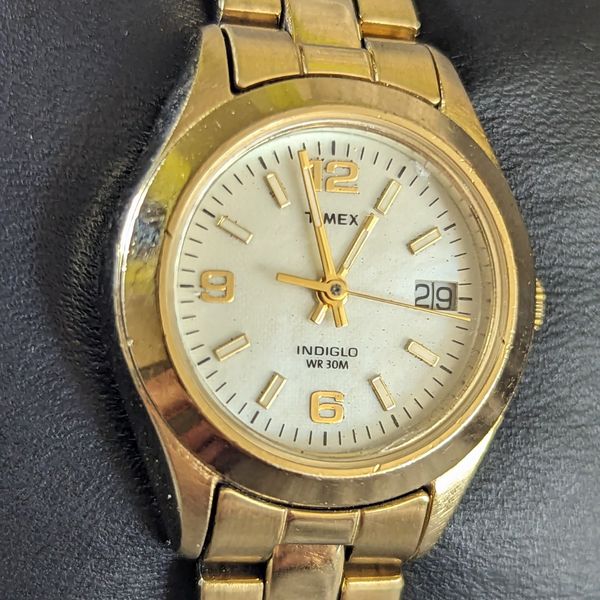 Timex T3 Women's 25mm Gold Tone Indiglo Quartz Watch Date Display MOP ...