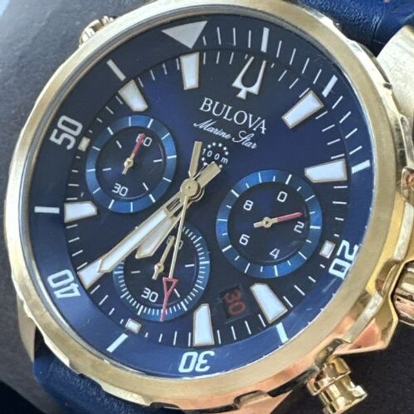 Bulova Men's Marine Star Quartz Chronograph Calendar Blue Watch 43 MM ...