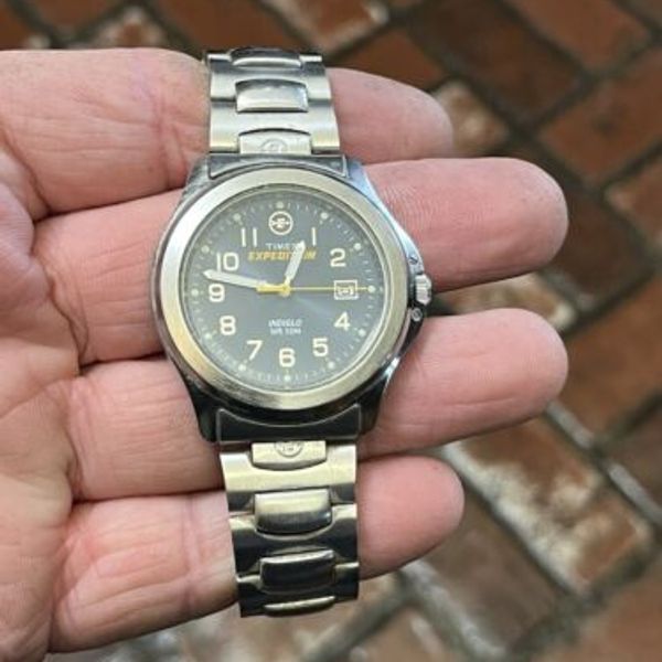 Men's Timex SS Chronograph Date Indiglo Analog Watch WR50M Blue Dial ...