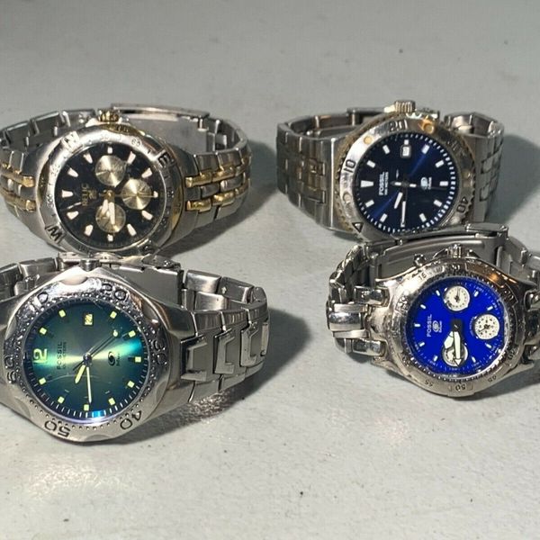 4X MENS FOSSIL BLUE STAINLESS DIVER STYLE QUARTZ WATCHES AM 3520 AM ...