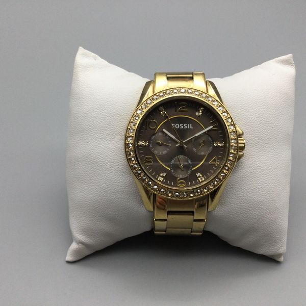 Fossil Riley Watch Women 37mm Gold Tone Brown Dial Day Date New Battery ...