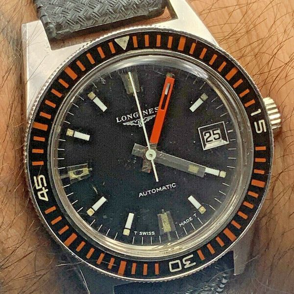 LONGINES SKIN DIVER CAL 291 AUTOMATIC VINTAGE DIVERS WATCH ORANGE HAND ...