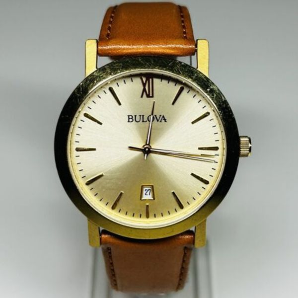 Bulova Watch Men 38mm Gold tone Champagne Dial Brown Leather Date New ...