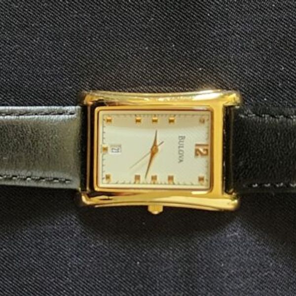 Vintage Bulova Tank Watch Mens Gold Tone Date Black Leather Band New ...