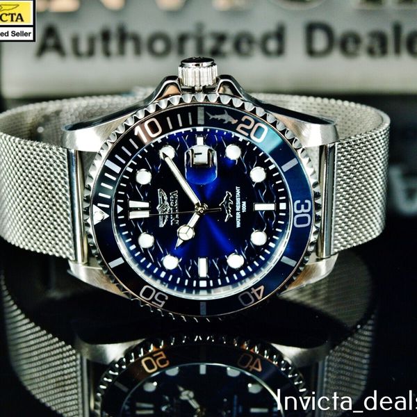 Invicta Men's 43mm Pro Diver HAMMERHEAD BLUE DIAL Mesh Bracelet Silver ...