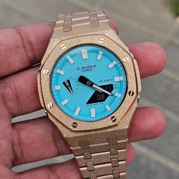 "Custom Casio G-Shock GA-2100 Blue Dial Mod â Frosted Rose Gold Metal ...
