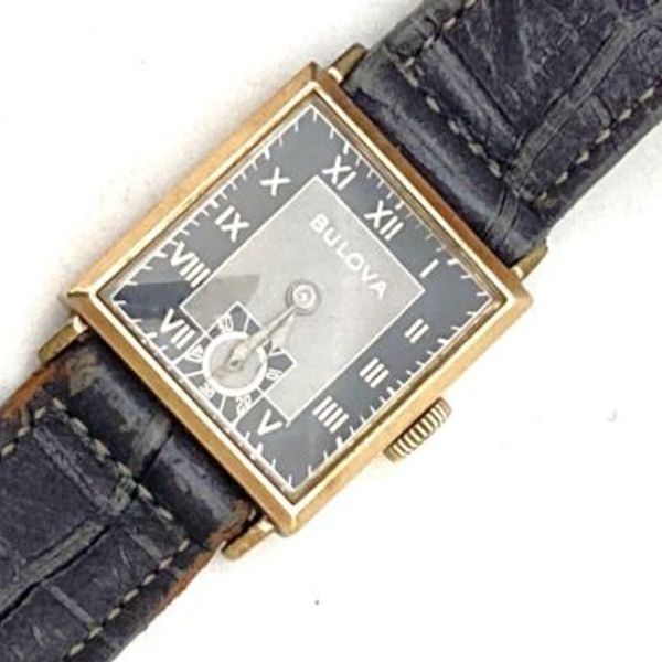BULOVA 1939 Art Deco Wristwatch Black / Grey Face 17 Jewel 10K Gold ...