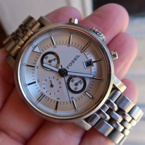 Vintage Fossil F2 Date Silver Tone Men's Chronograph Watch Wristwatch ...