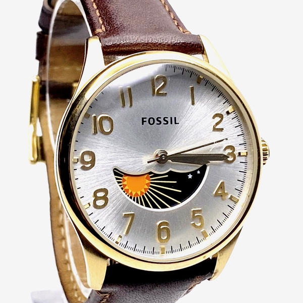 FOSSIL MOON PHASE FS4847 GOLD & SILVER TONE SUN MOON STARS LEATHER MEN ...