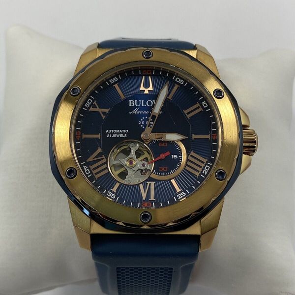 Bulova Marine Star Automatic Skeleton Blue Dial Rubber Strap Men's ...