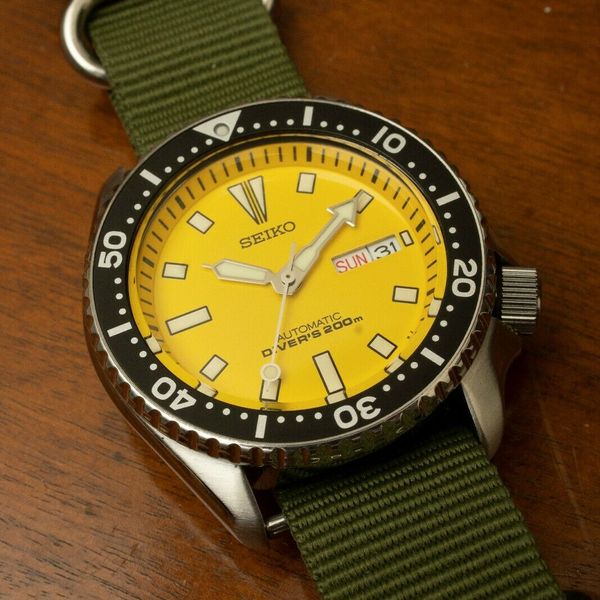 RARE Seiko skxa35 "Bumblebee" yellow dial green zulu strap dive watch ...