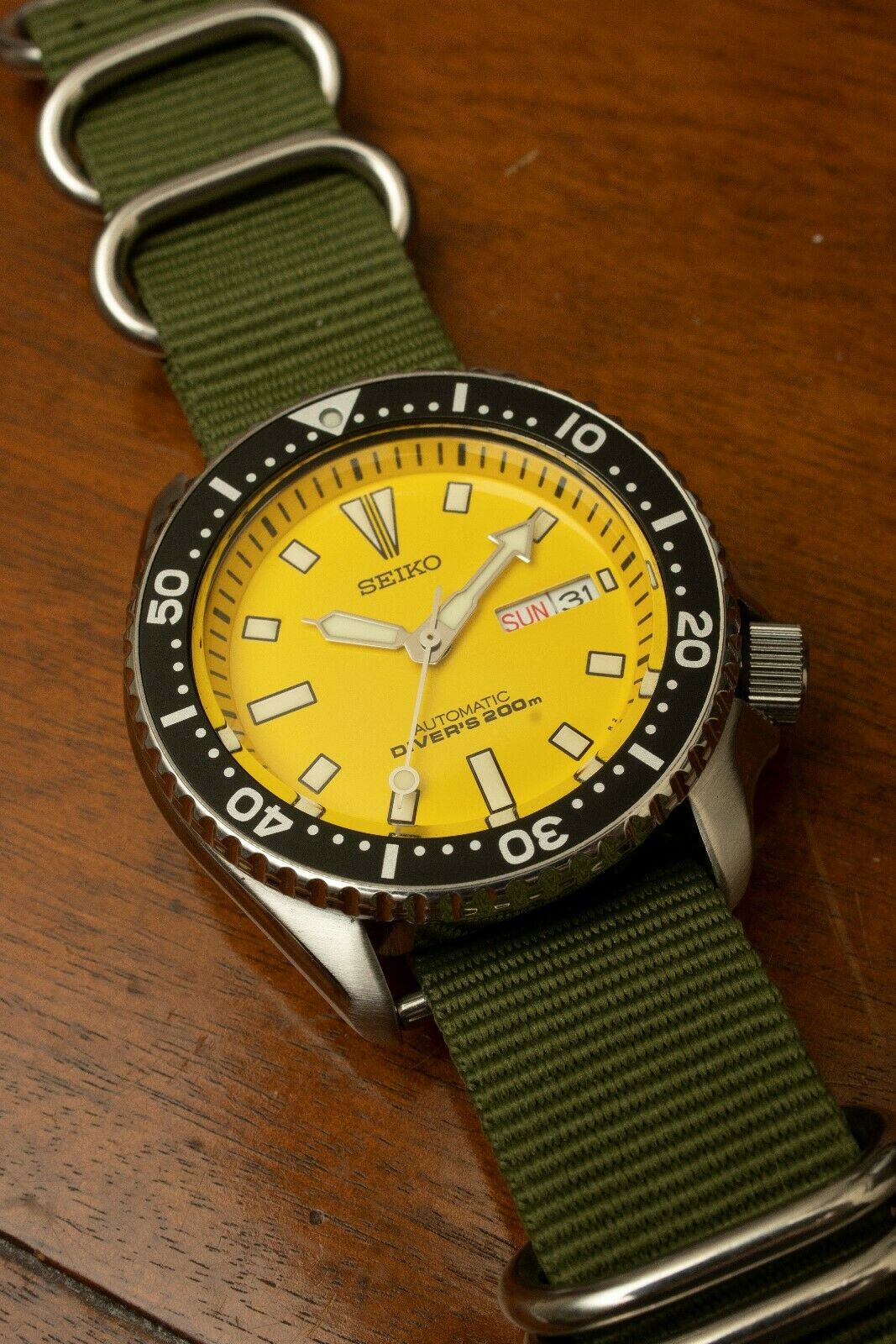 RARE Seiko skxa35 "Bumblebee" yellow dial green zulu strap dive watch ...