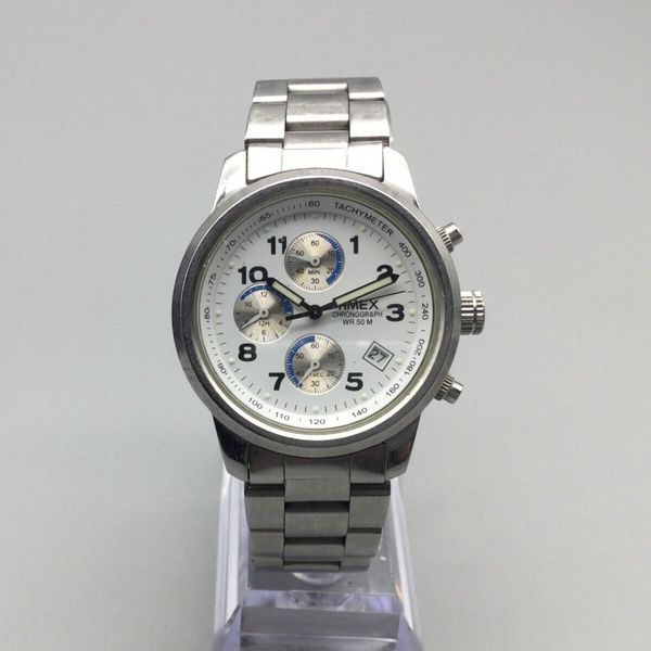 Vtg Timex H5 Chronograph Watch Men 38mm Silver Tone Date New Battery 7. ...