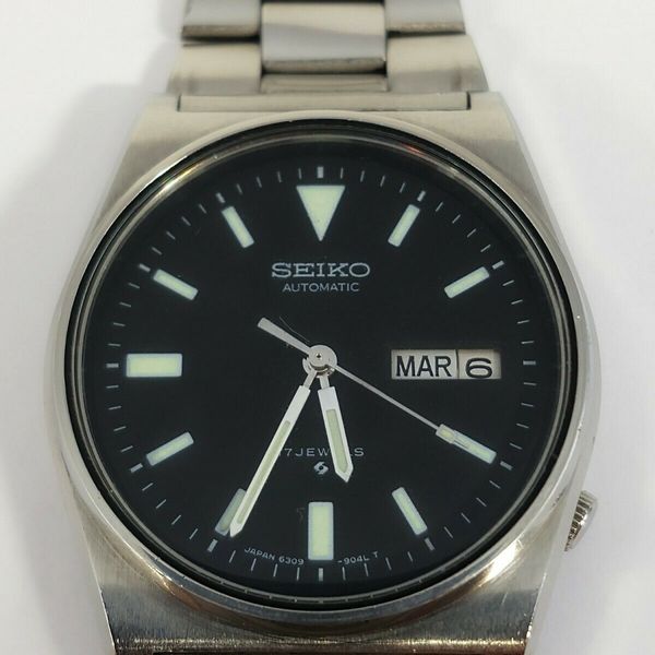 SEIKO AUTOMATIC 6309 9049 STAINLESS DAY DATE WATCH BLACK FACE 17j ...