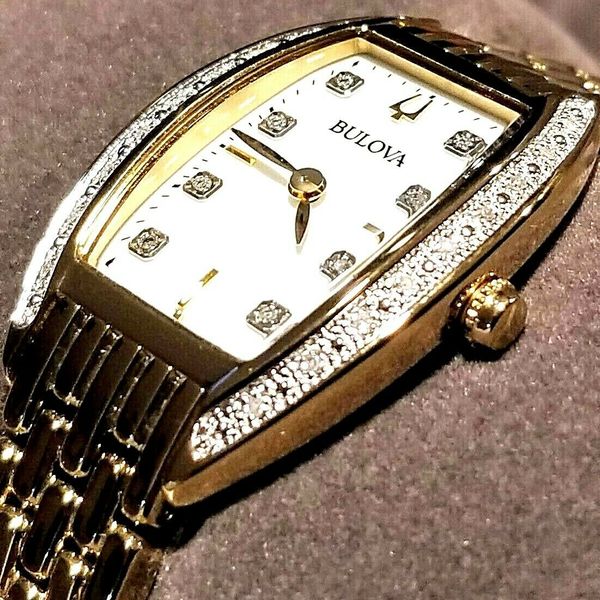 Bulova Ladies 98R282 Diamond Accented Gold Watch with Mother Of Pearl ...