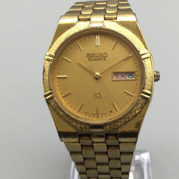 Vintage Seiko SQ Watch Men Gold Tone Day Date 5Y23-6019 New Battery 6.5" | WatchCharts