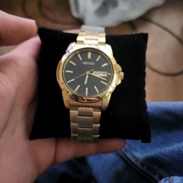 SEIKO SUR358 Essentials Quartz Black Dial Men's Watch w/Gold Tone SS ...