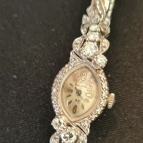 Bulova 14k White Gold & Diamond Women's 23 Jewel Vintage Wristwatch ...