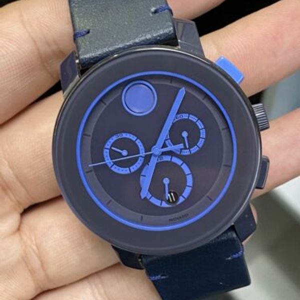 Movado Bold 3600349 Navy Blue Dial Navy Leather Strap Chronograph Men's ...