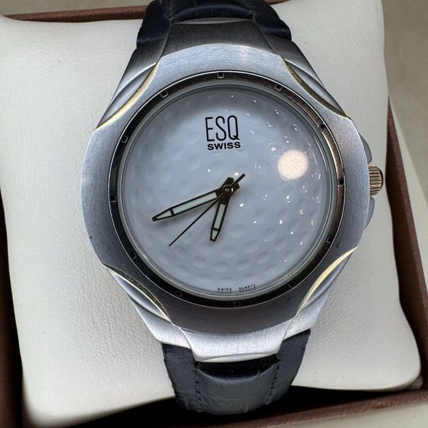 NEW ESQ Movado Golf Watch Men 38mm Silver Tone E5355 Black Leather Band ...