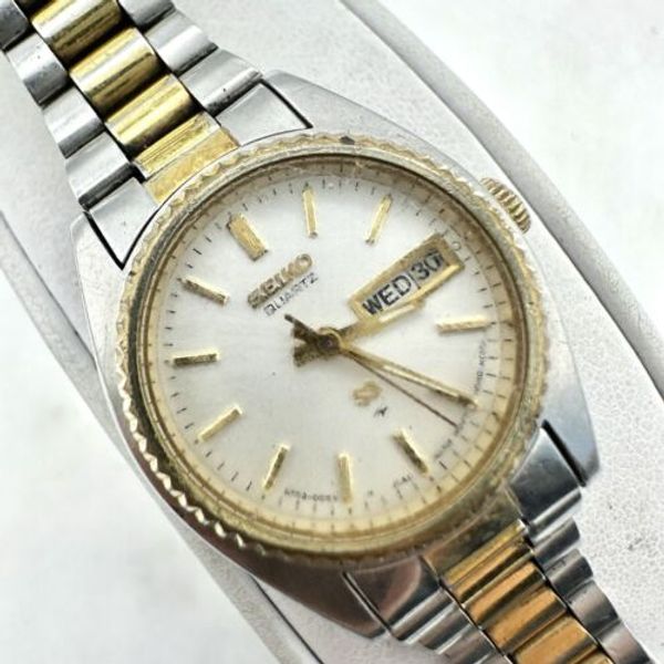WORN Seiko SQ Watch Women 25mm White Dial Two Tone Daydate 8523-0059 ...