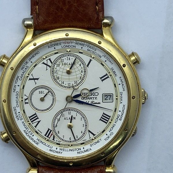 Vintage Seiko World Timer Gold Tone Men's Watch Ref. 5T52-7A11 Quartz WORKING | WatchCharts ...