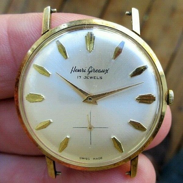 VINTAGE RARE VERY NICE 14K GOLD 17 JEWEL HENRI GIREAUX MENS WATCH RUNS ...