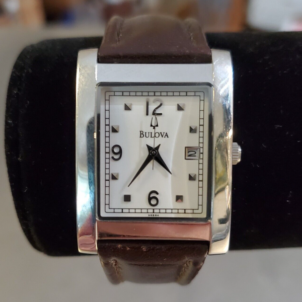 Bulova Quartz Watch Silver Tone Brown Leather Band Water Resistant A6 ...