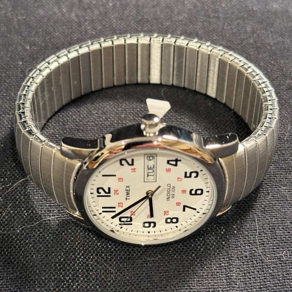 Timex Watch Men 35mm Indiglo Silver Tone Day Date Stretch | WatchCharts Marketplace