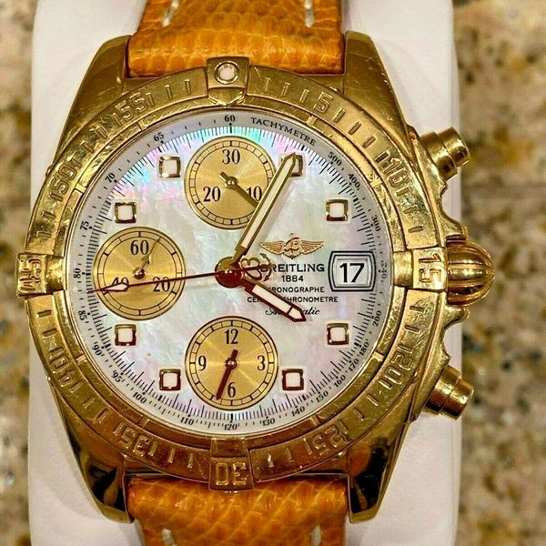 BREITLING Windrider Cockpit 18k GOLD Watch, MOP Face & Orange Lizard ...