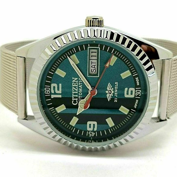citizen automatic men's steel green dial day/date vintage japan watch ...