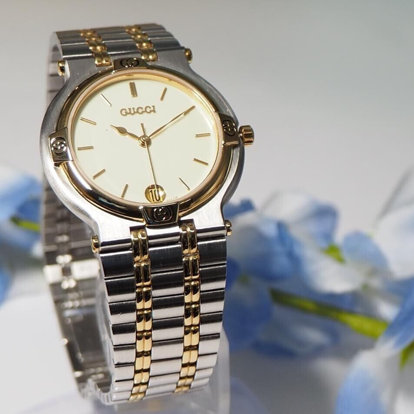 GUCCI 9000M Men's Quartz Watch Date Silver Gold Dial Excellent ...