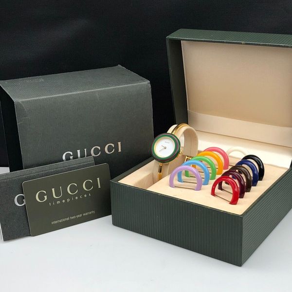 [N MINT W/Full Set] Gucci Change Bezel 12 Colors Gold Watch 6.5 inch ...