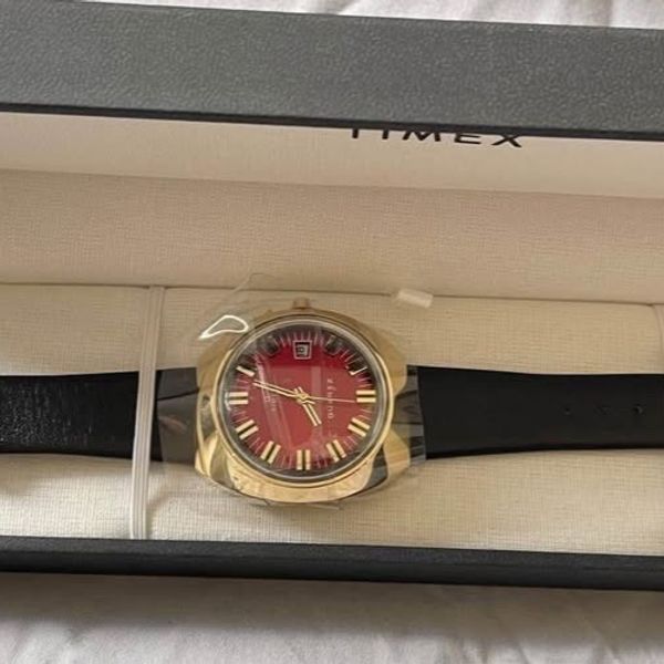 Q Timex 1972 Reissue Watch Red dial black leather strap | WatchCharts ...