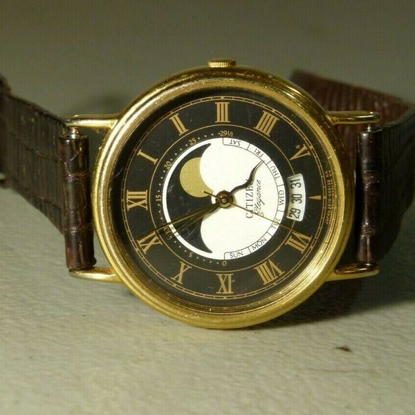 RETRO MENS CITIZEN ELEGANCE MOON PHASE ROMANNUMERAL GOLDEN WATCH 2870 ...