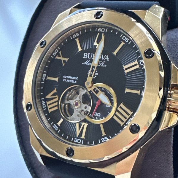 Bulova Men's Marine Star Automatic Luminous Black Silicon Watch 44 MM ...