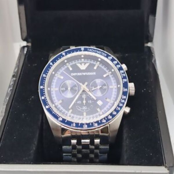 EMPORIO ARMANI AR6072 TAZIO BLUE DIAL TWO TONE STAINLESS STEEL WATCH ...